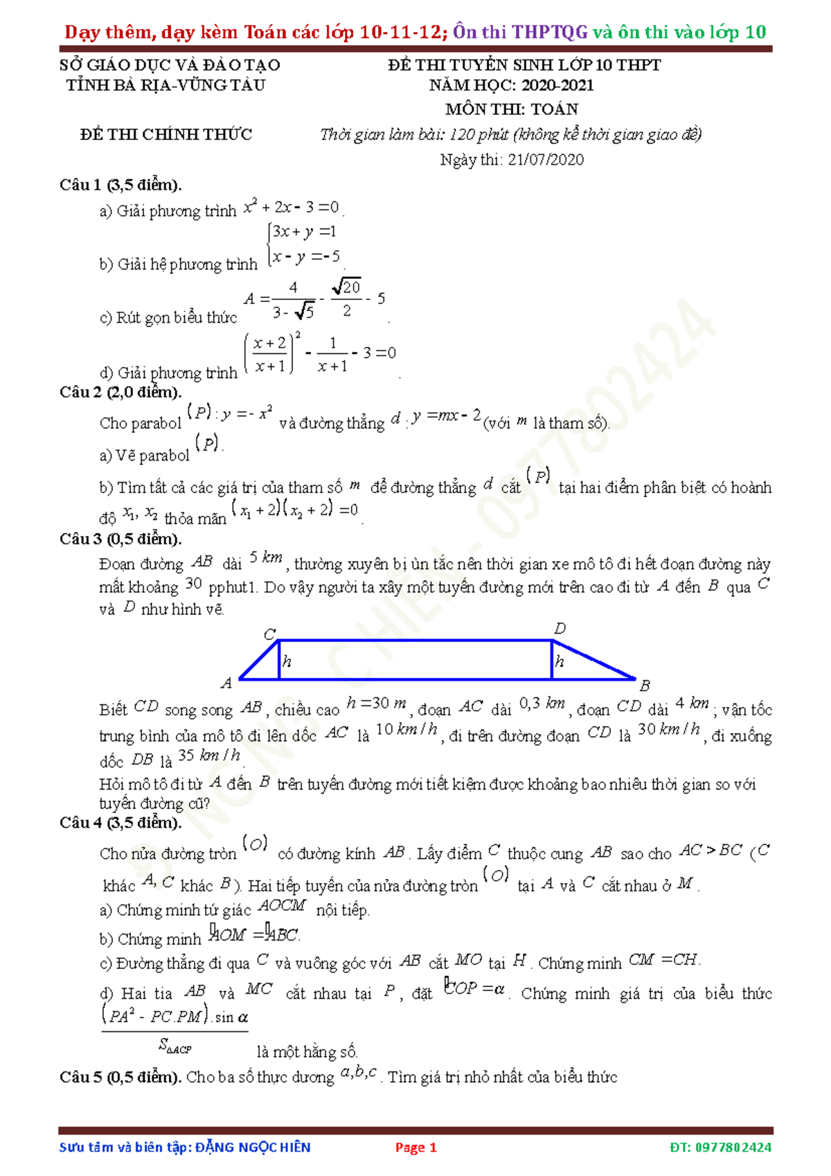 01-De thi TSinh 10 THPT-BRVT-2020-2021 - D y thêm, d y kèm Toán các l p 10-11-12;ạạớ Ôn thi ...