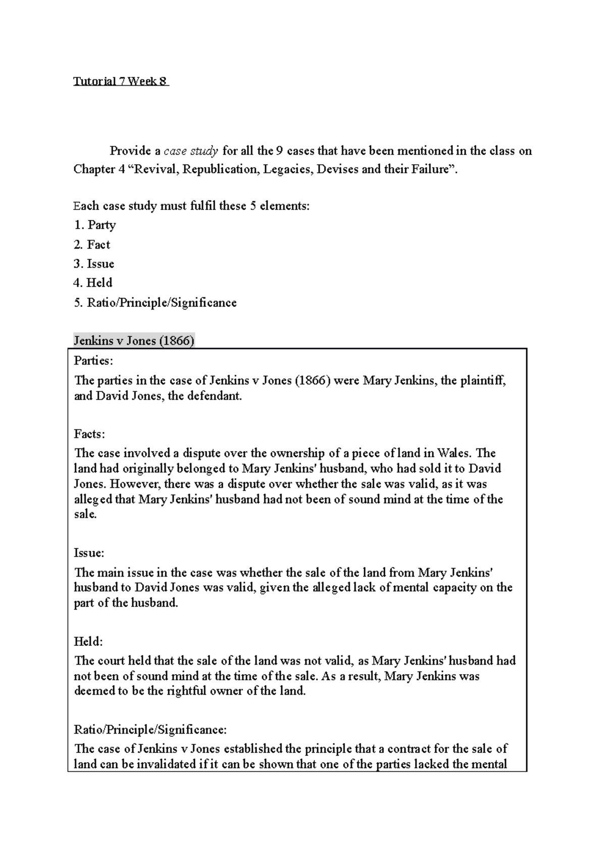Tutorial 7 Week 8 ULS3612 - Tutorial 7 Week 8 Provide a case study for all the 9 cases that have ...