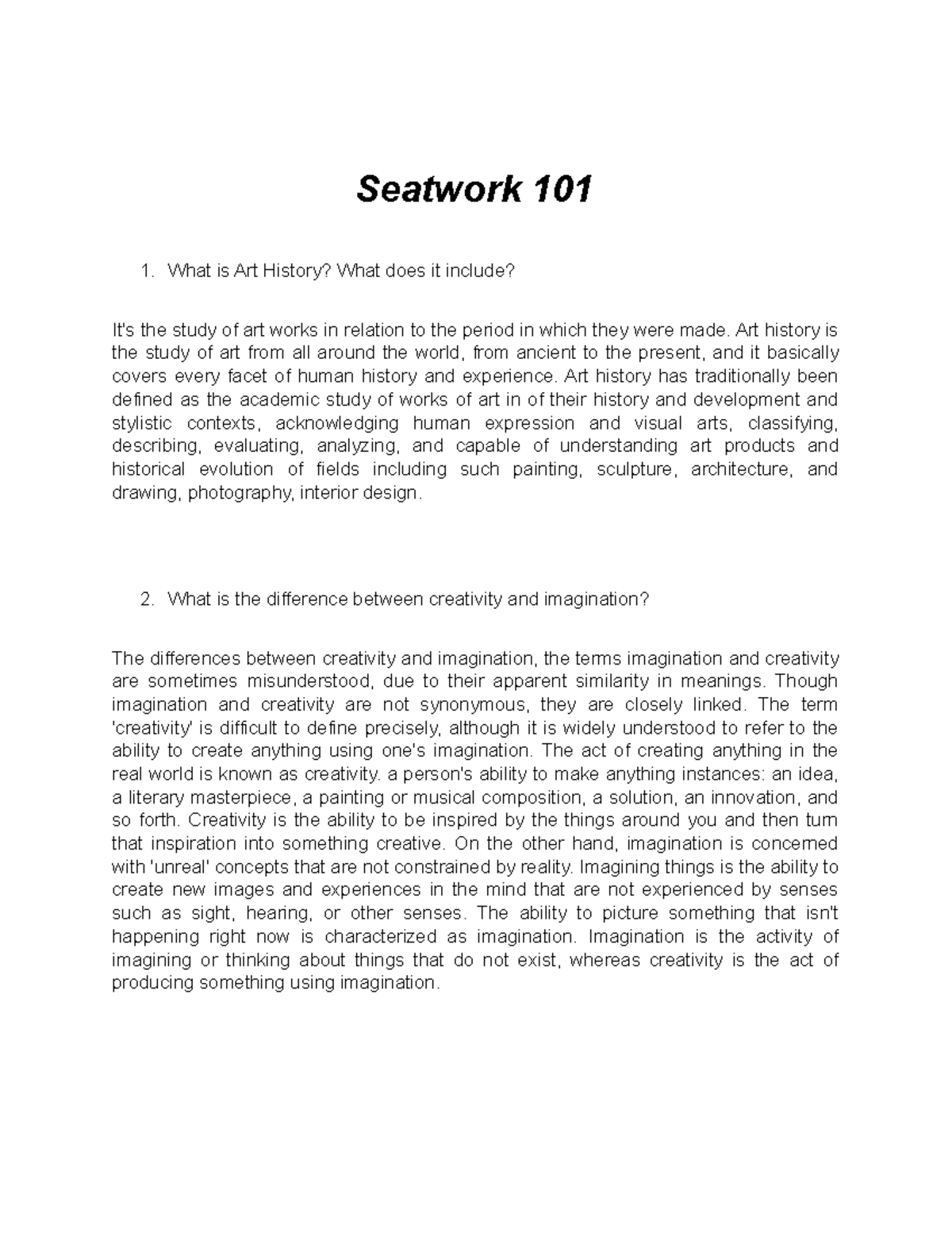 Seatwork 101 - Alawi Jehan - Seatwork 101 What is Art History? What ...