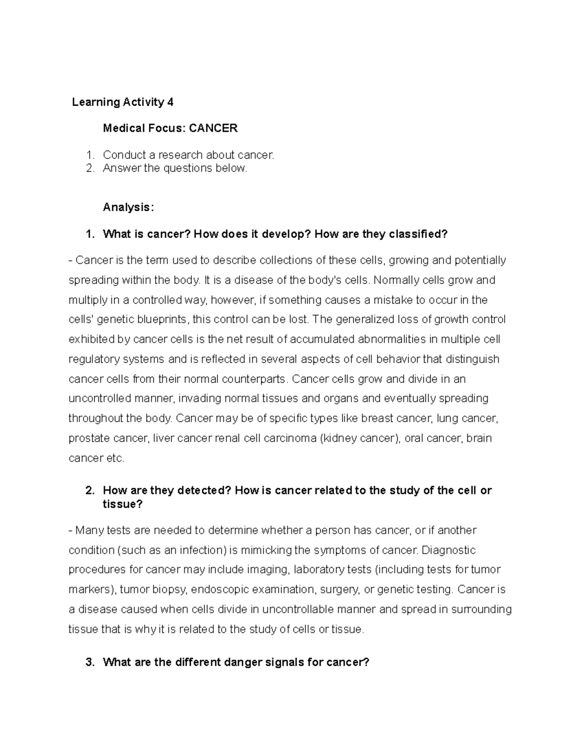 Cancer - Learning Activity 4 Medical Focus: CANCER Conduct a research ...