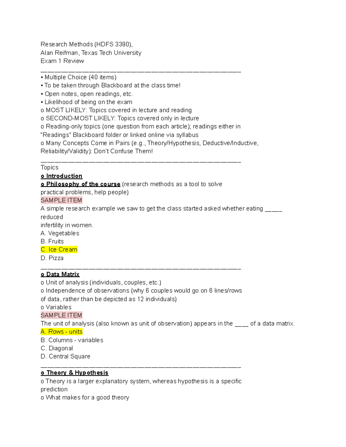 Research Methods Exam 1 Review - Research Methods (HDFS 3390), Alan ...