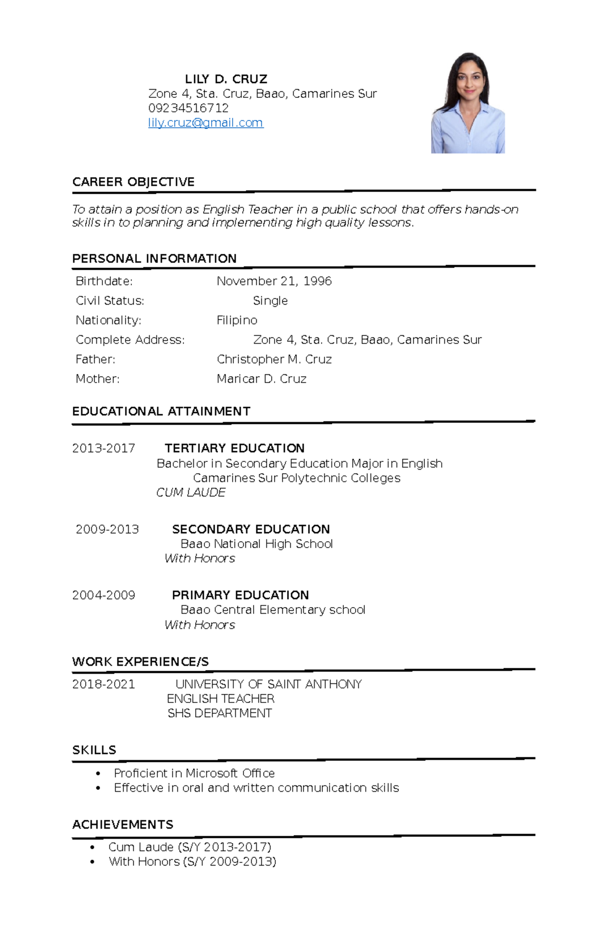 Sample Template Resume - LILY D. CRUZ Zone 4, Sta. Cruz, Baao ...