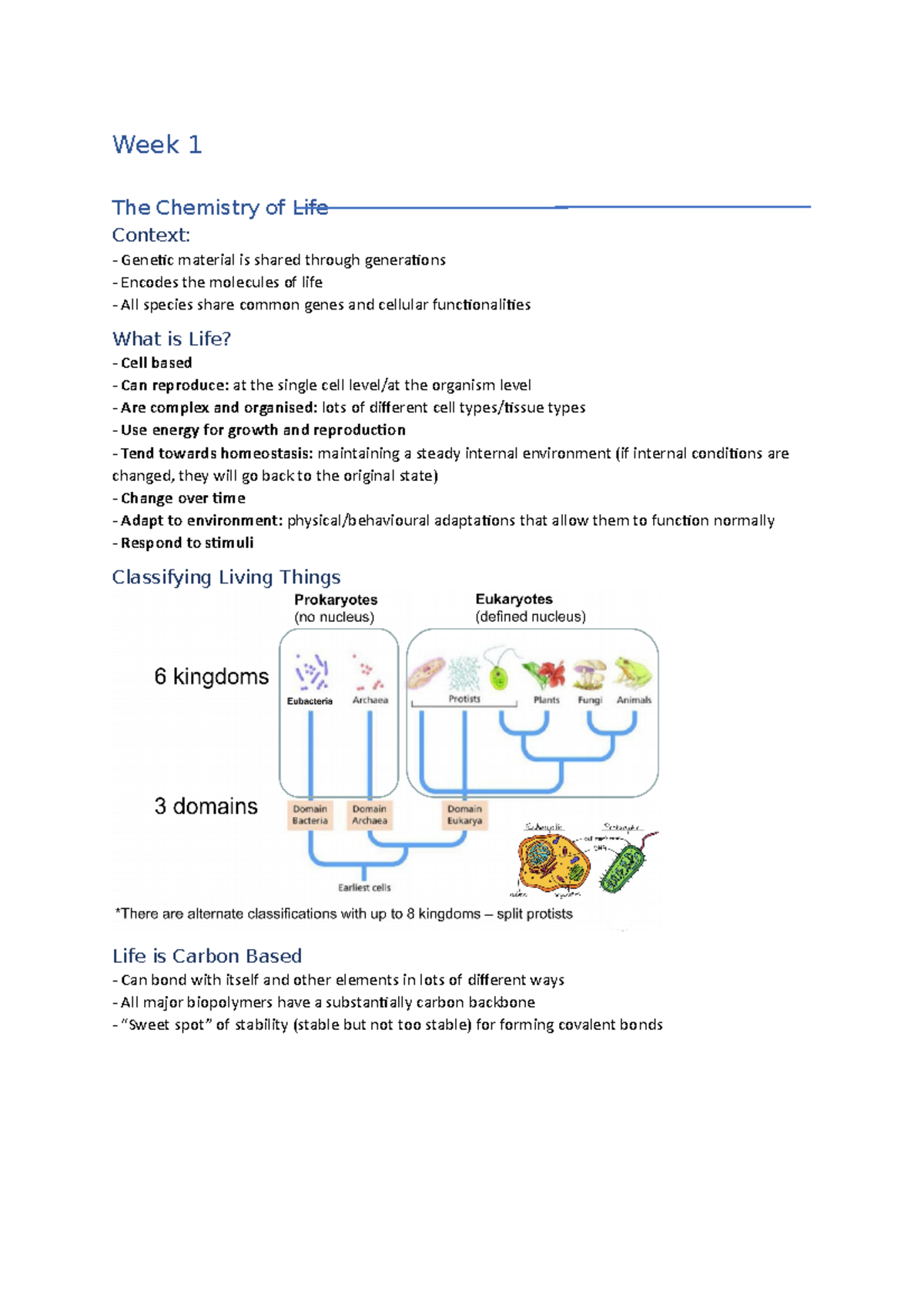 Biology Notes - Week 1 The Chemistry of Life Context: Genetic material ...