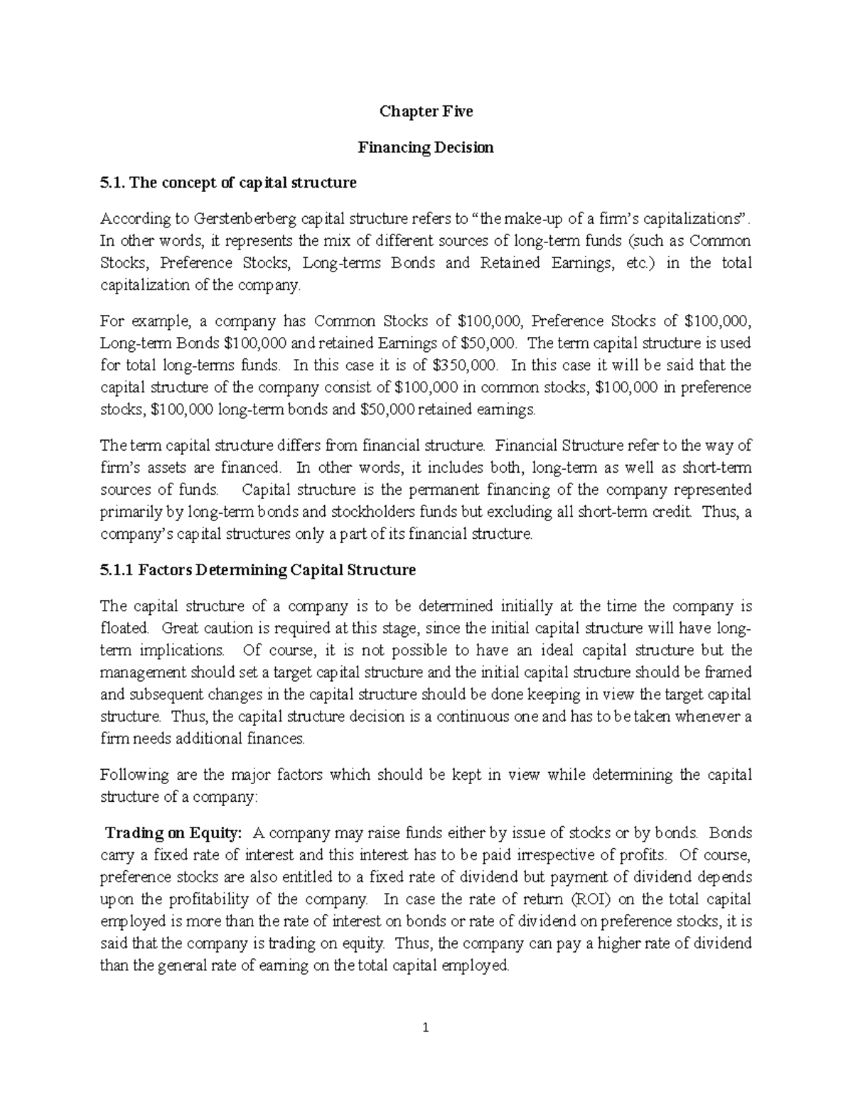 Chapter Five - Chapter Five Financing Decision The concept of capital ...