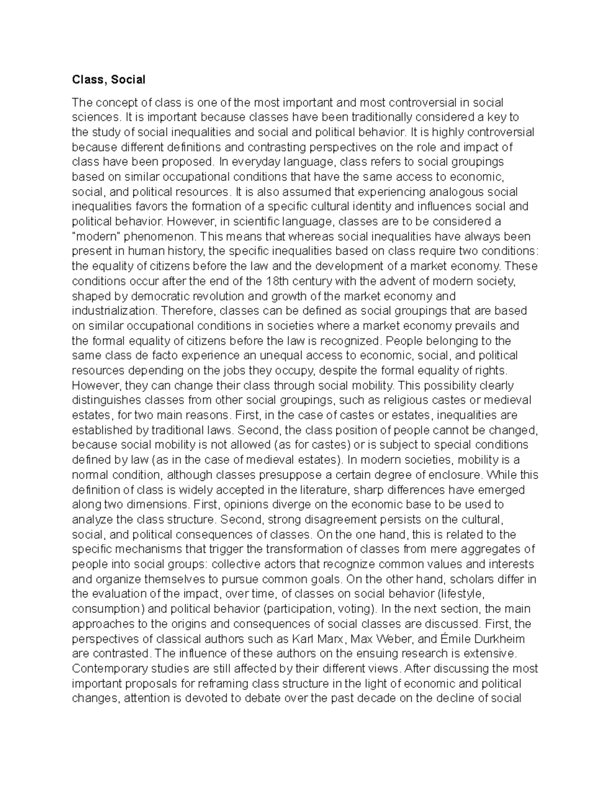 Class, Social - Class, Social The concept of class is one of the most ...