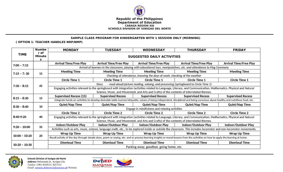 Kindergarten Sample Class Program WITH ONE 1 Session ONLY - Schools ...