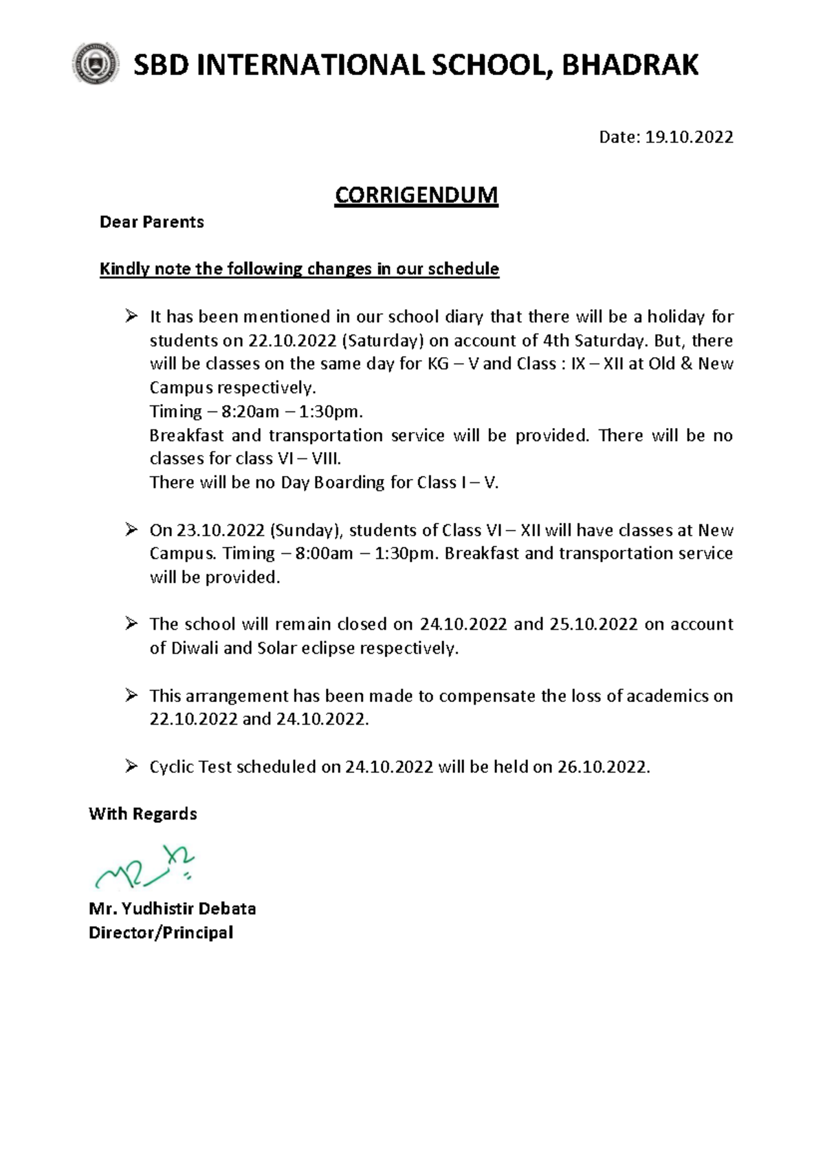 Corrigendum - Required - SBD INTERNATIONAL SCHOOL, BHADRAK Date: 19 ...