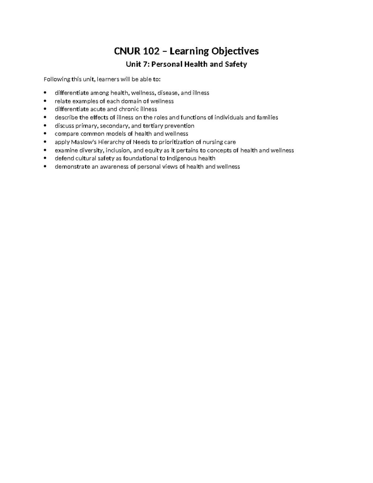 CNUR 102 - Unit 7 - Learning Objectives - CNUR 102 – Learning ...