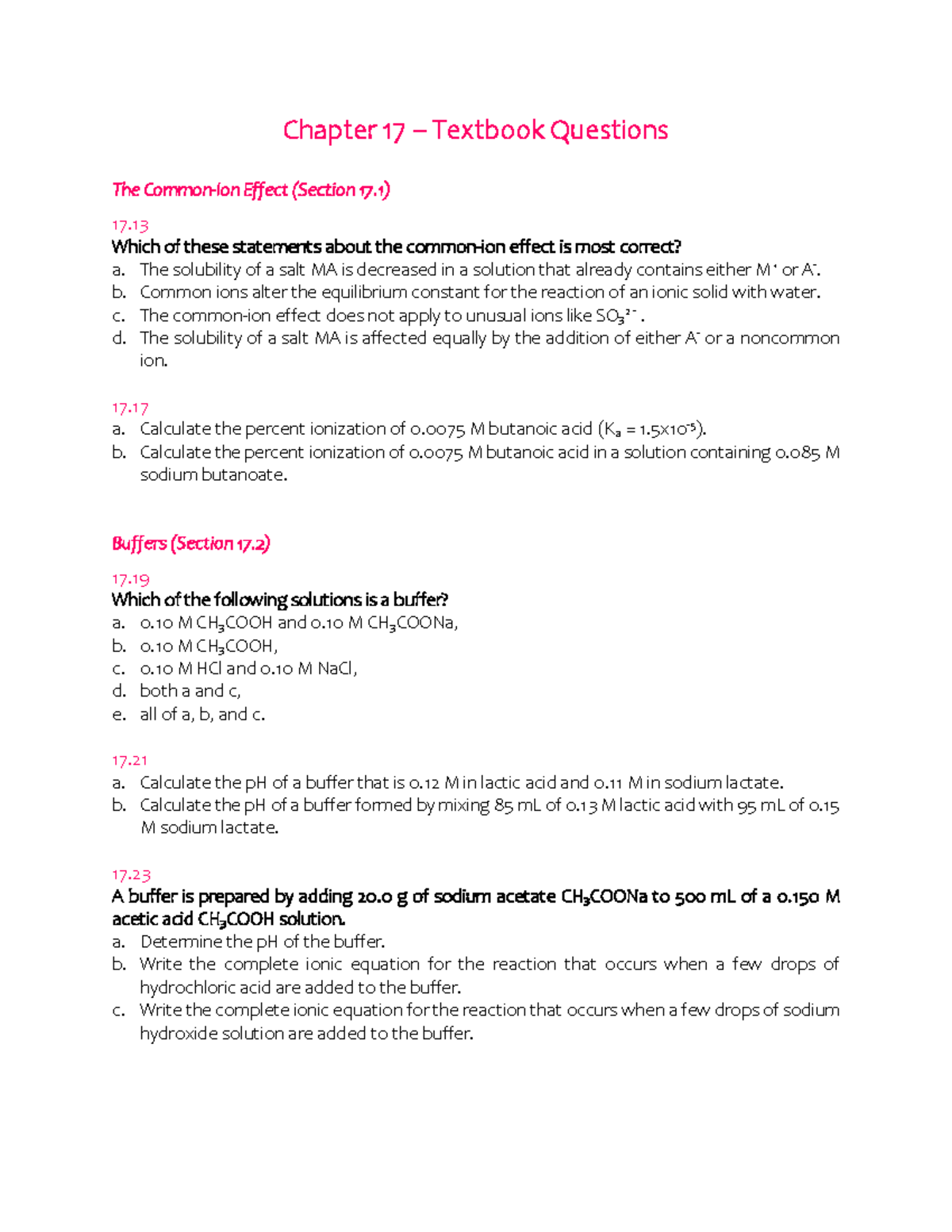 Chapter 17 - Textbook Questions - Chapter 17 – Textbook Questions The ...