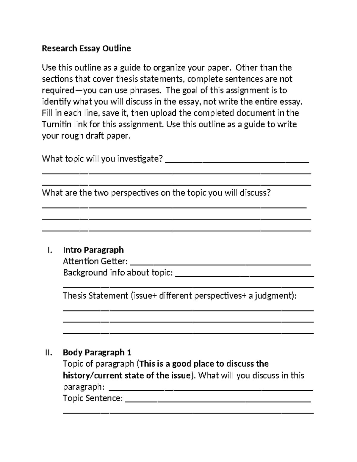 Research Essay Outline New - Research Essay Outline Use this outline as ...