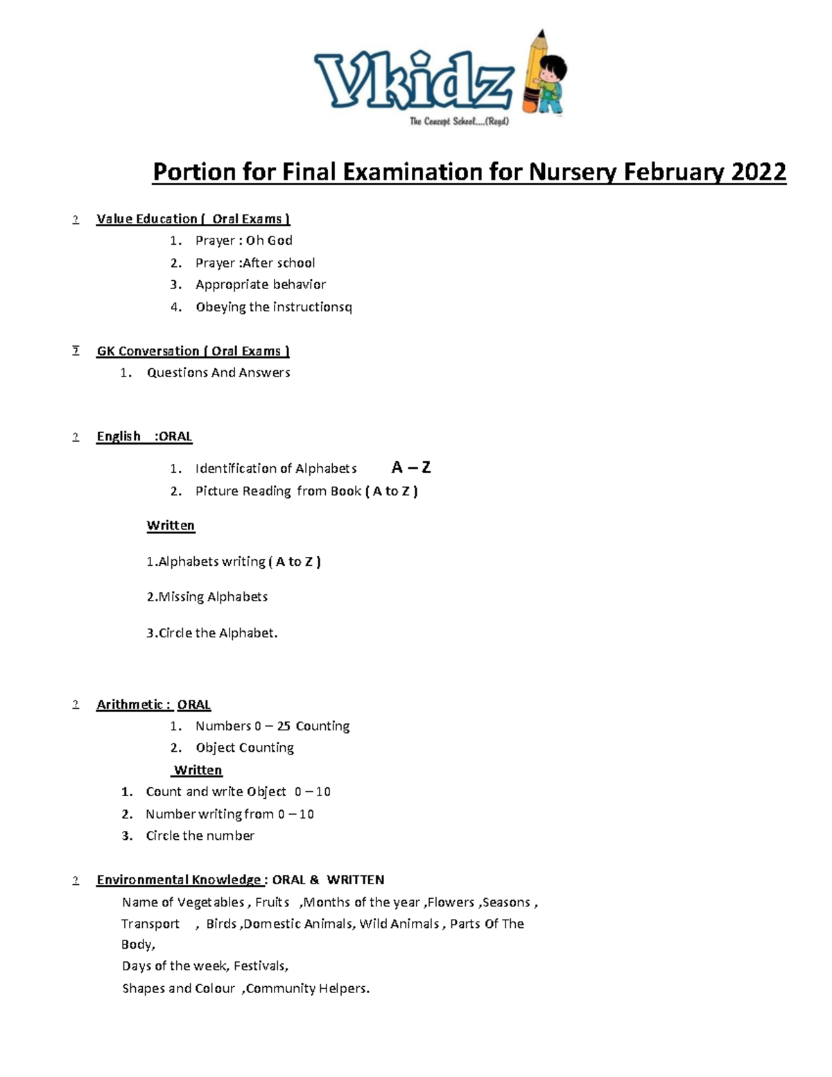 Vkidzportions for Final Examination Nursery - Portion for Final ...
