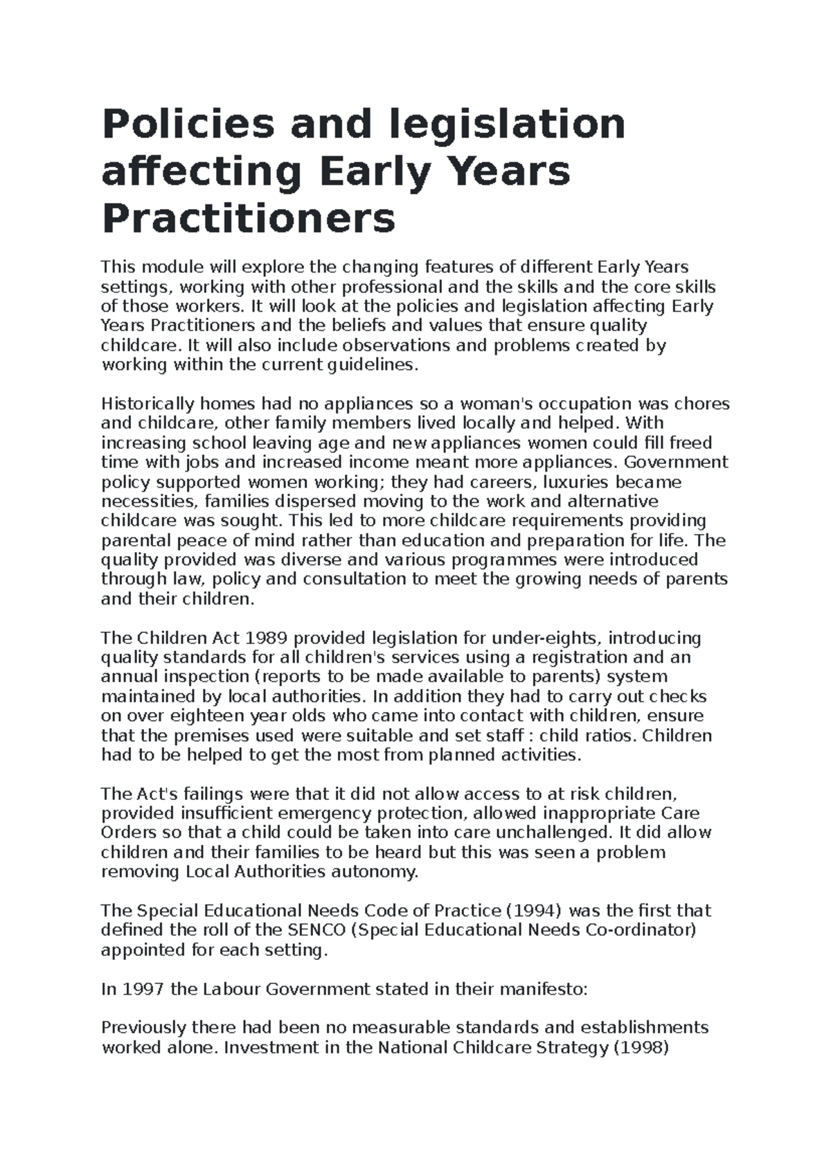 Policies and legislation affecting Early Years Practitioners - Policies ...