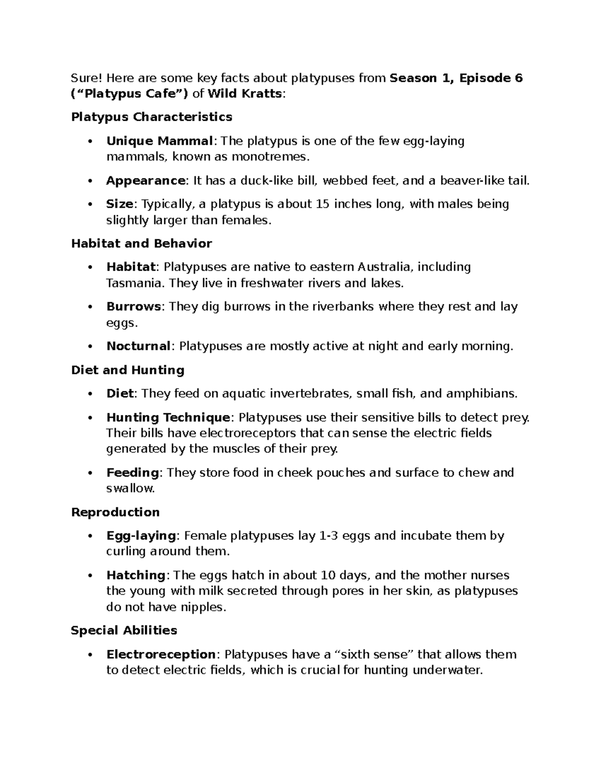Platypus notes - Sure! Here are some key facts about platypuses from ...