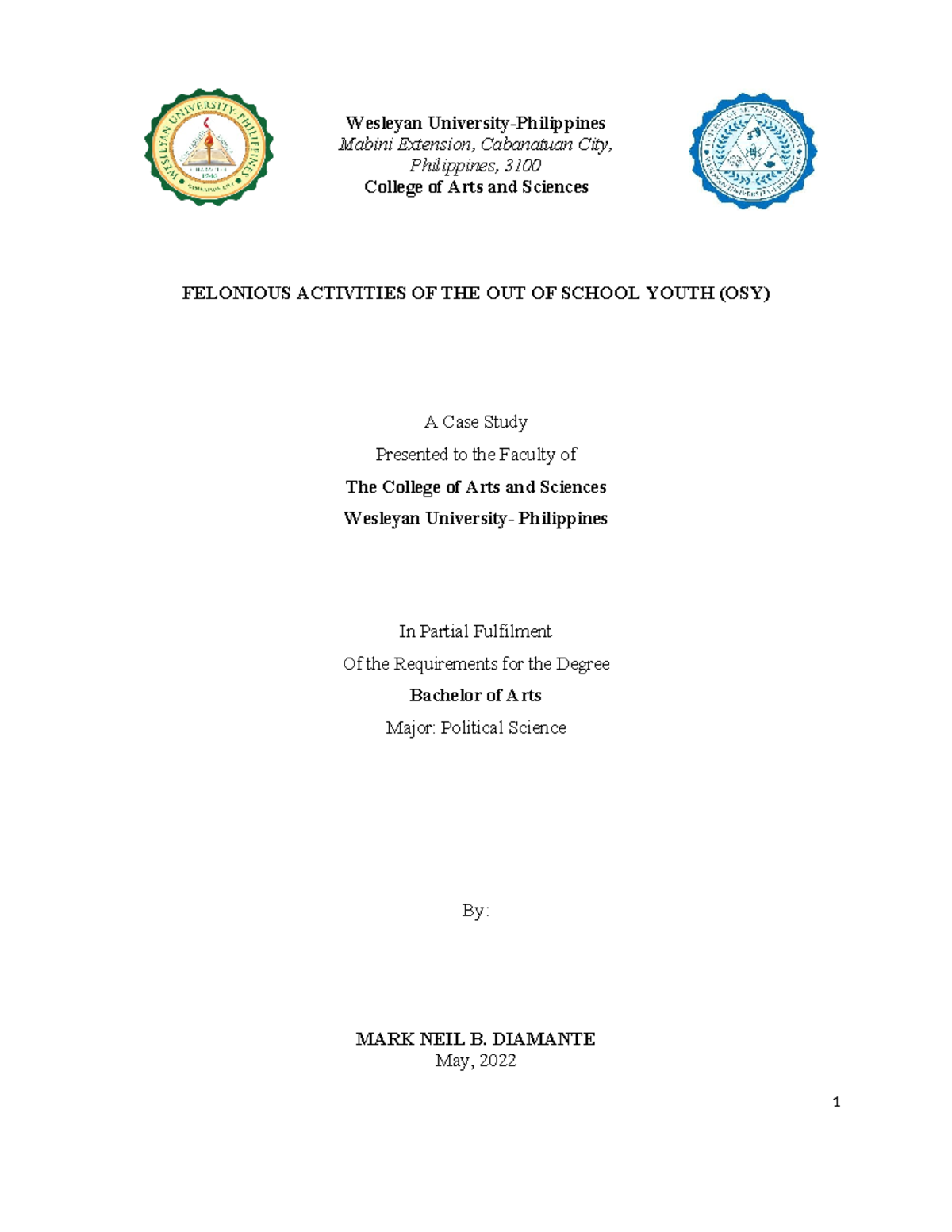 Felonious Activities OF THE OUT OF School Youth - Mabini Extension ...