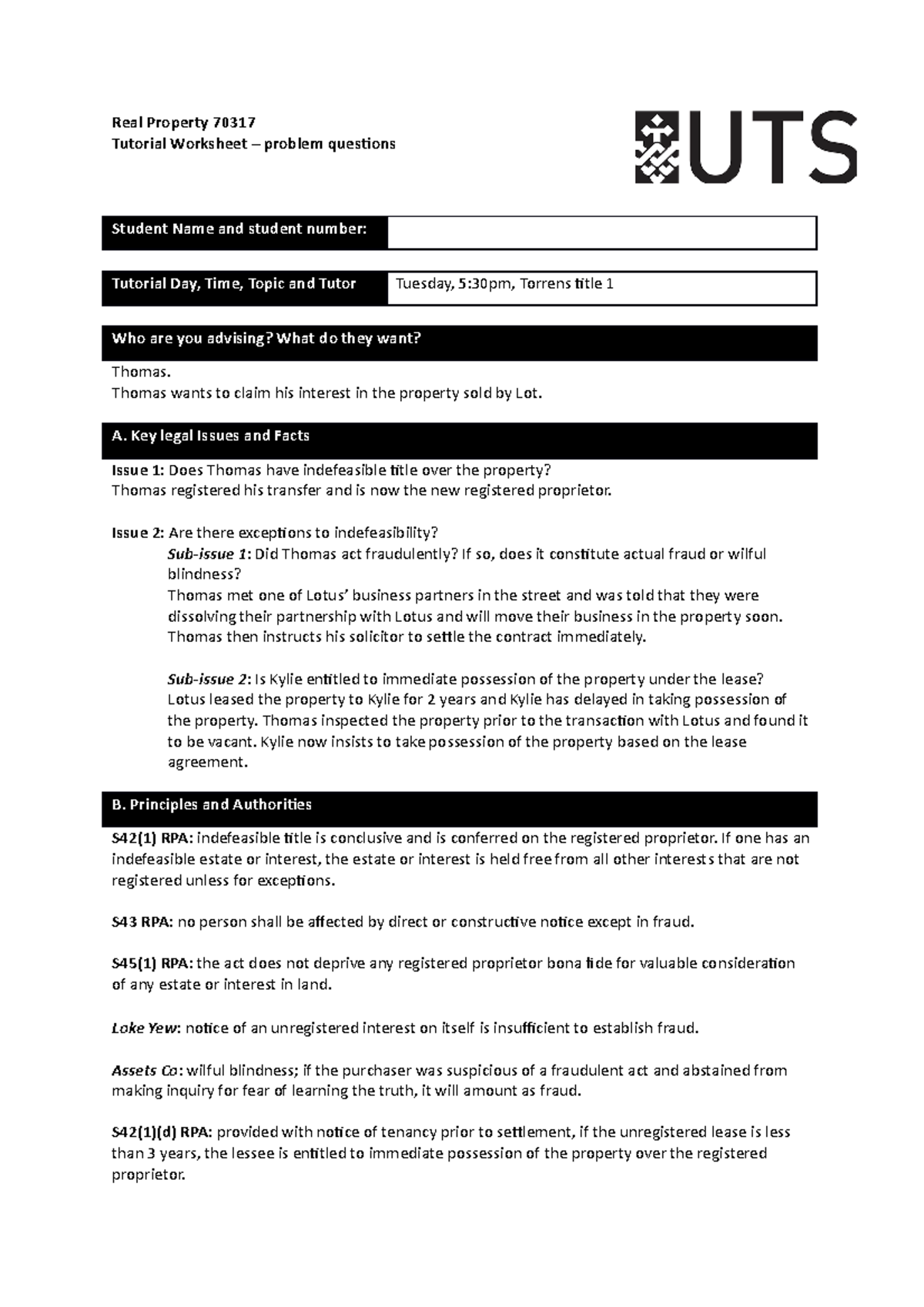 Tutorial 1 Prep - Real Property 70317 Tutorial Worksheet – problem ...