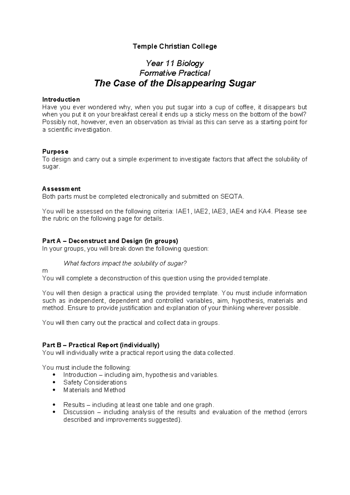 The Case of the Disappearing Sugar Practical - Temple Christian College ...