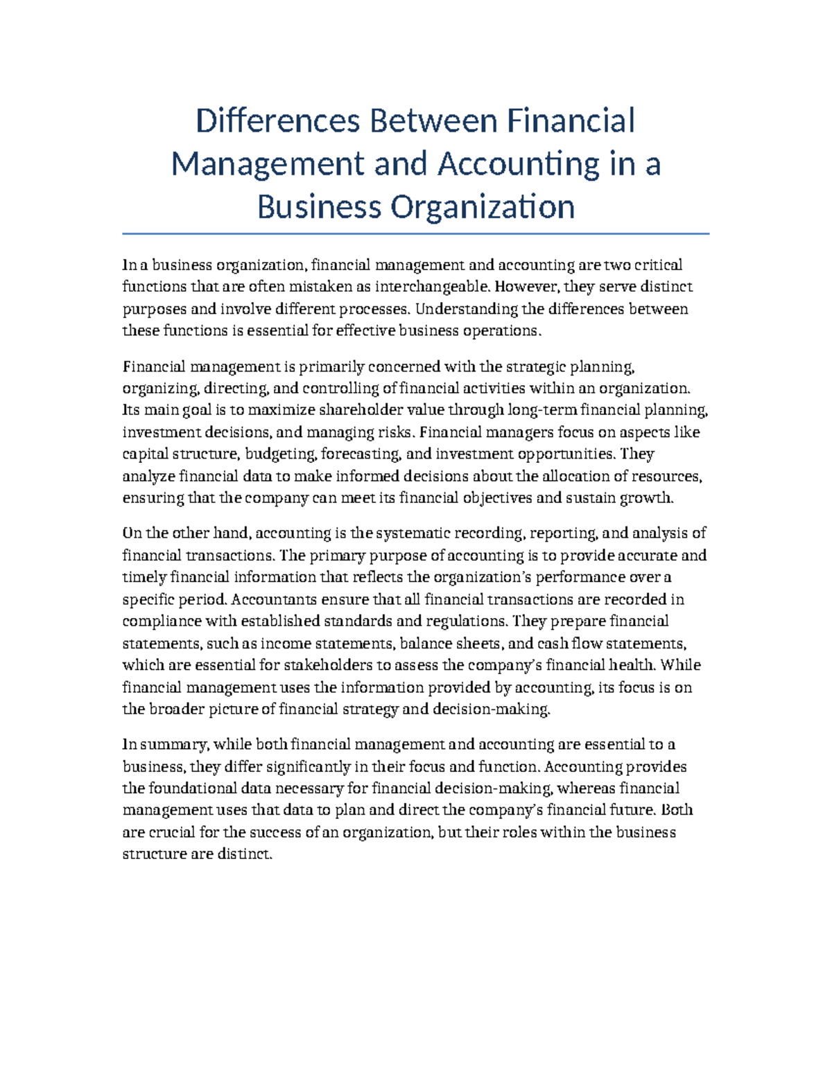 Sample Essay Financial Management vs Accounting - Differences Between ...