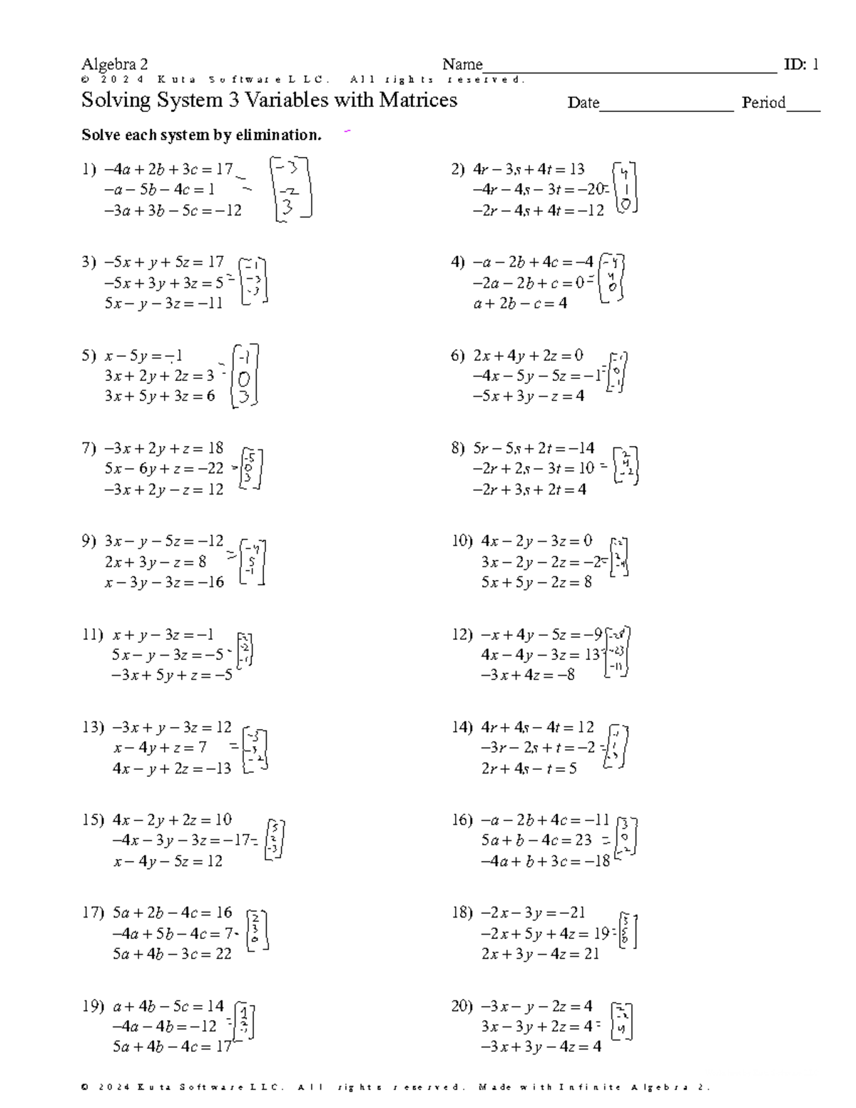 Solving System 3 Variables With Matrices-1 - ©d _ 2 Z 0 S 2 a 4 h ...