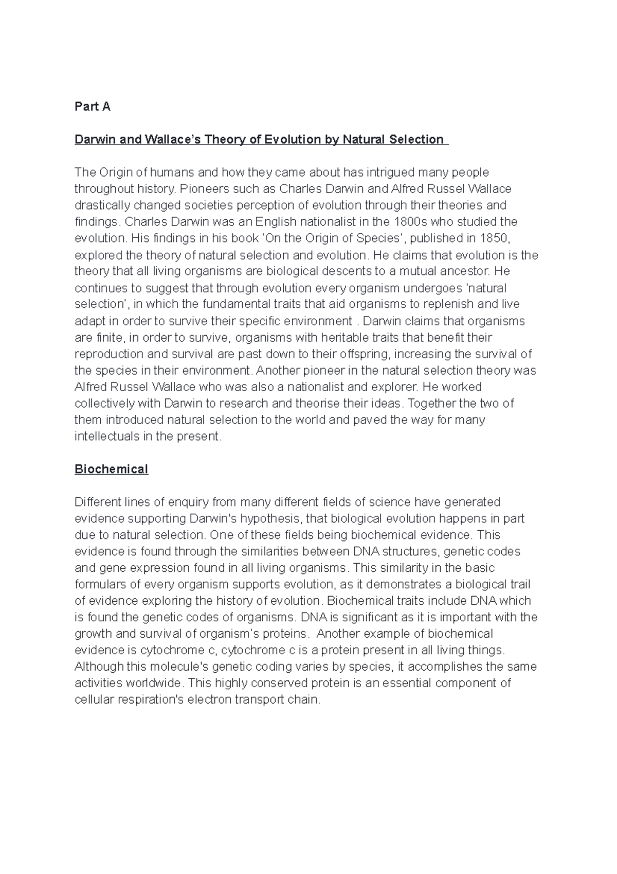 Assignment for bio - Part A Darwin and Wallace’s Theory of Evolution by ...