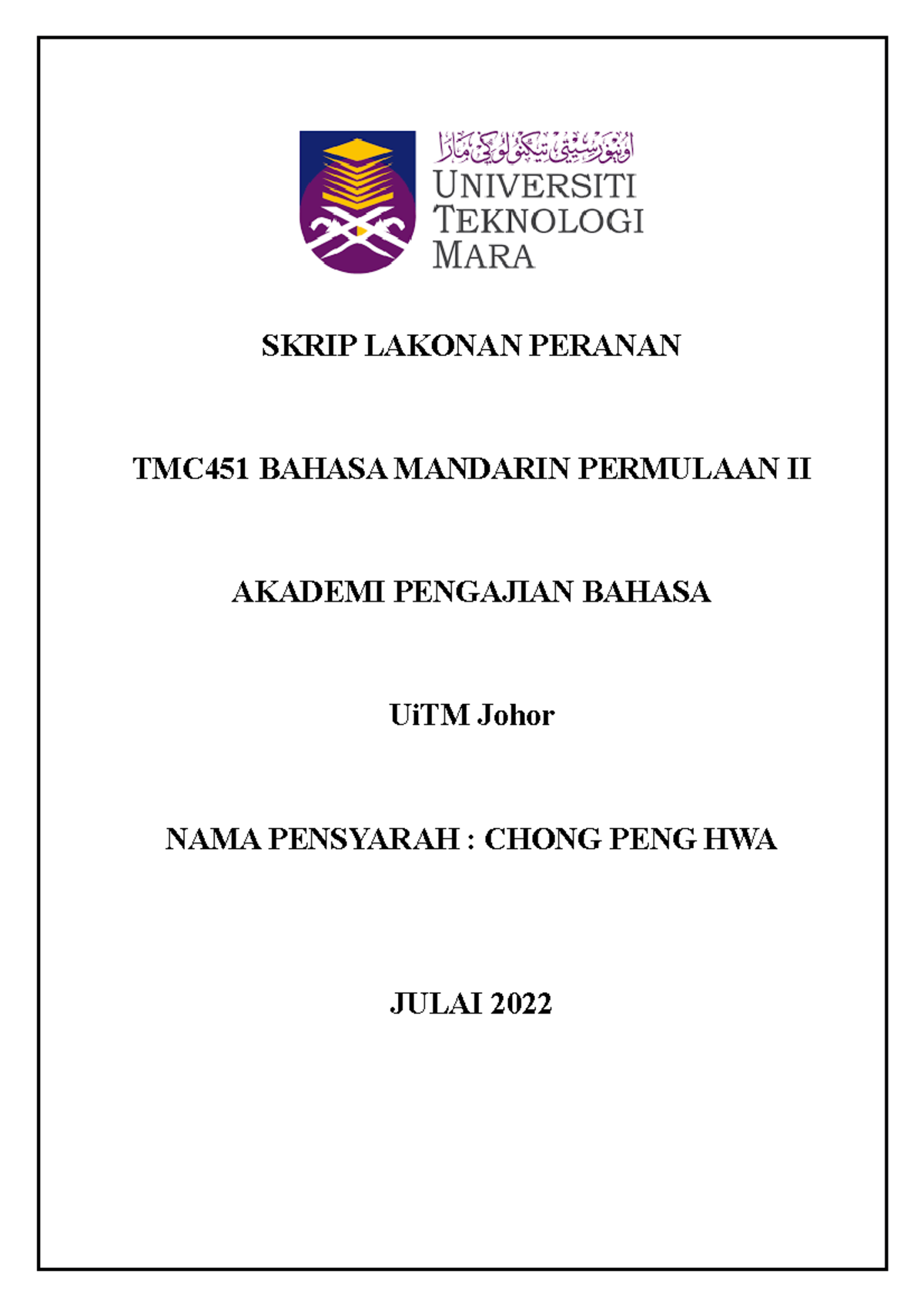 TMC451 Roleplay Skrip Mandarin - SKRIP LAKONAN PERANAN TMC451 BAHASA MANDARIN PERMULAAN II ...