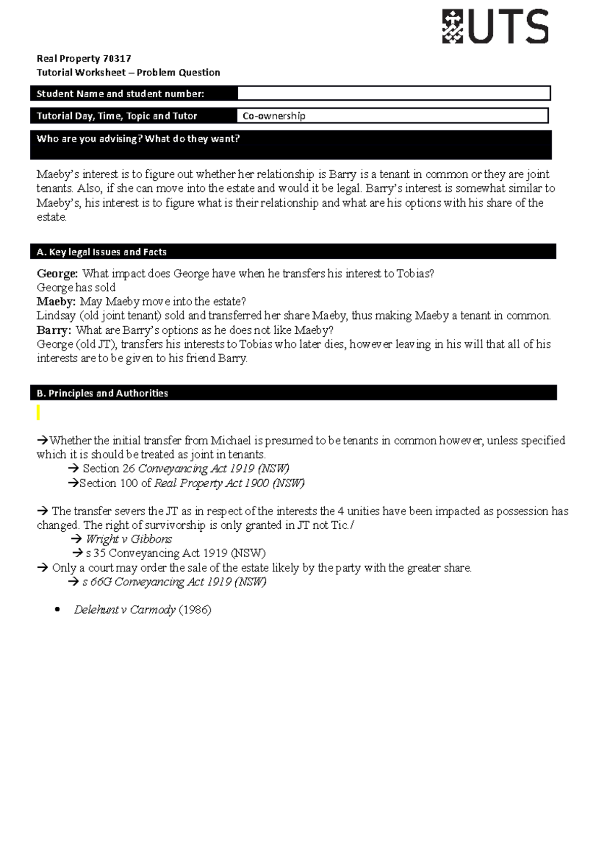 Tutorial 3 Questions - Reading log answers - Real Property 70317 ...