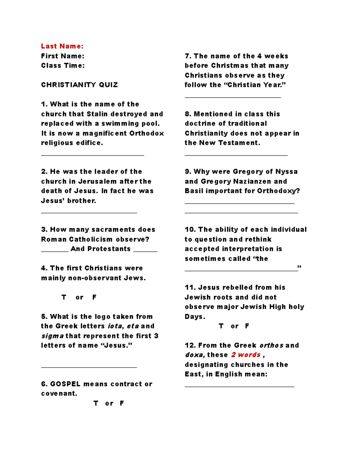 Christianity QUIZ NEW - lmfao idjkk pls help - Last Name: First Name ...