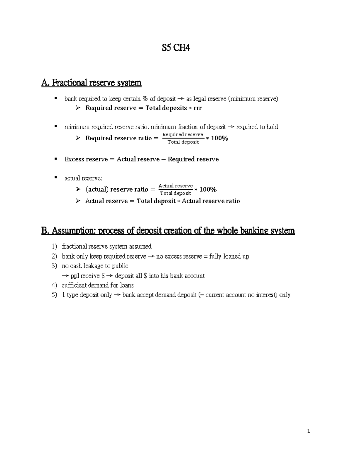 S5 CH4 - IB notes - S5 CH 4 A. Fractional reserve system bank required ...