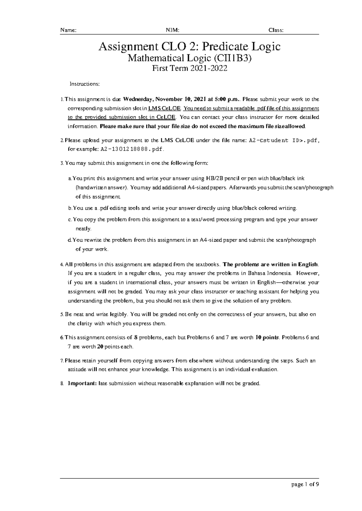 Putri Rizky Alifiya 1305210063 Assignment 2-Pred - Name: NIM: Class: Assignment CLO 2: Predicate ...