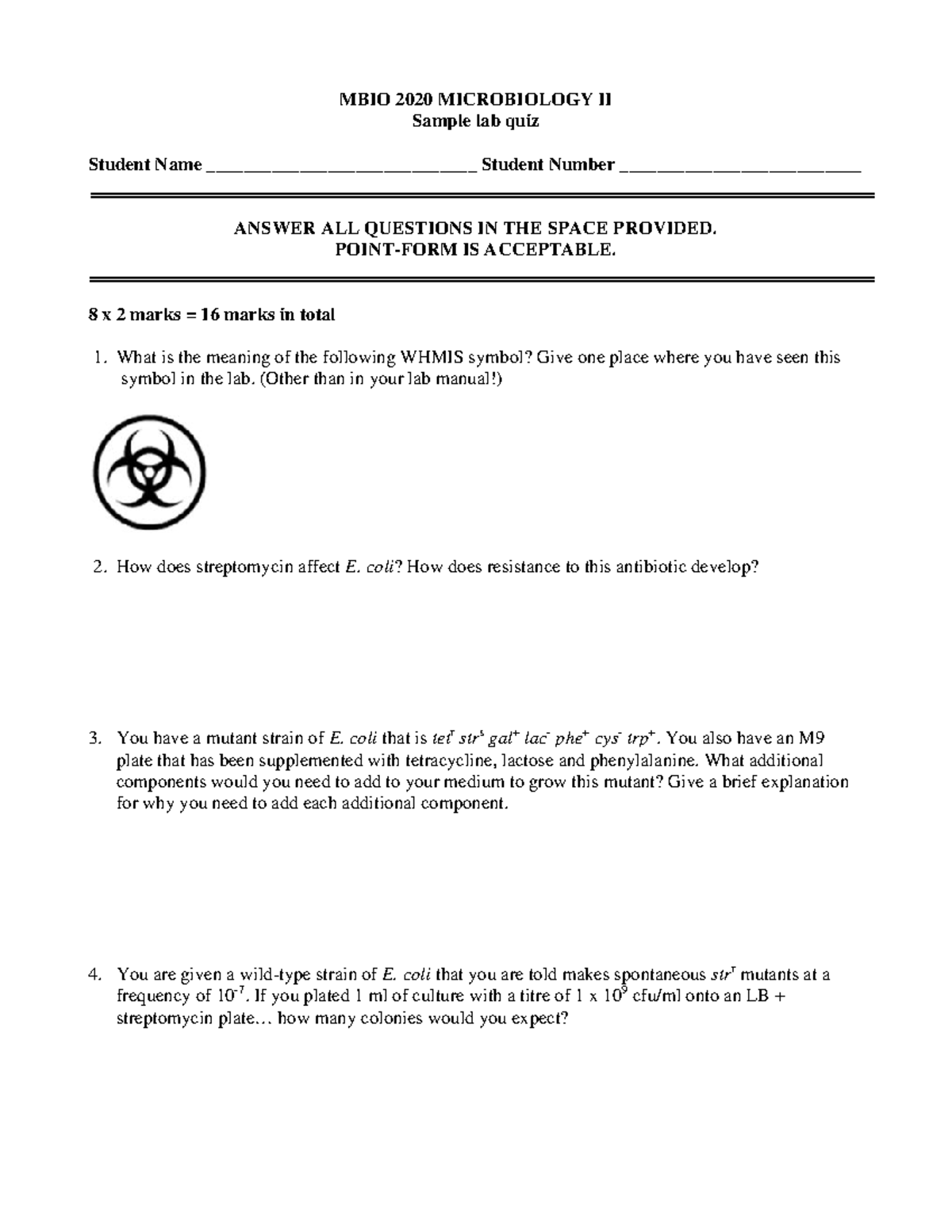 Lab Sample quiz - MBIO 2020 MICROBIOLOGY II Sample lab quiz Student ...
