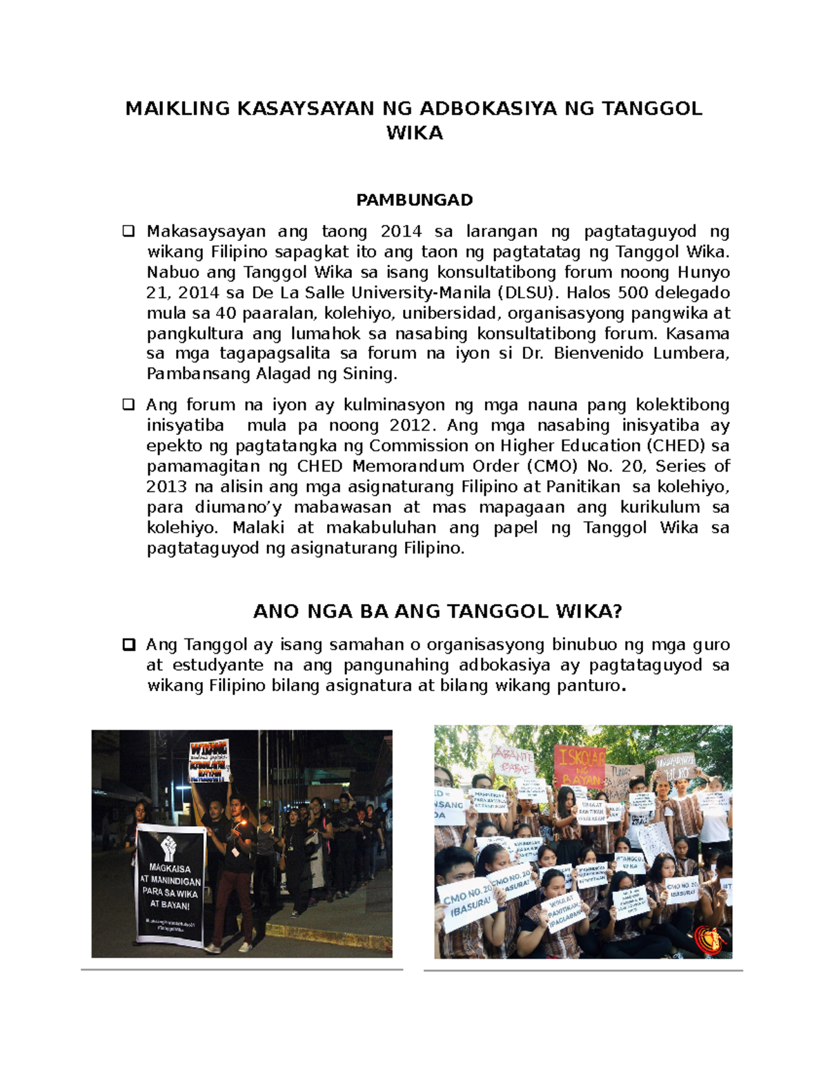 Maikling Kasaysayan NG Adbokasiya NG Tanggol WIKA - MAIKLING KASAYSAYAN ...