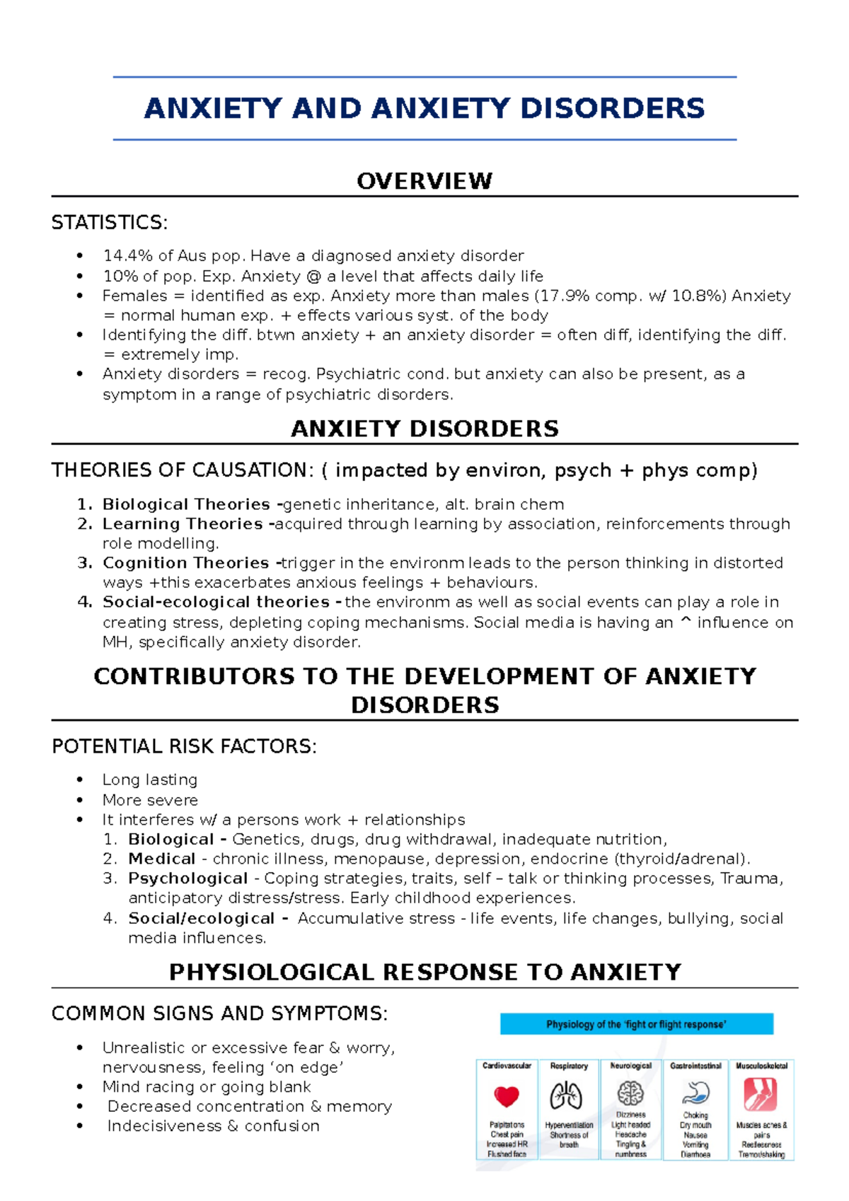 Anxiety and Anxiety disorders Notes - Wk 5 - NUM2307 - ECU - Studocu