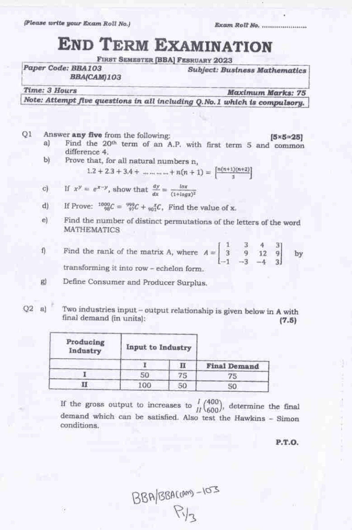 BM-2023 - Good - (Please write your Exam Roll No.) Exam Roll No. END ...