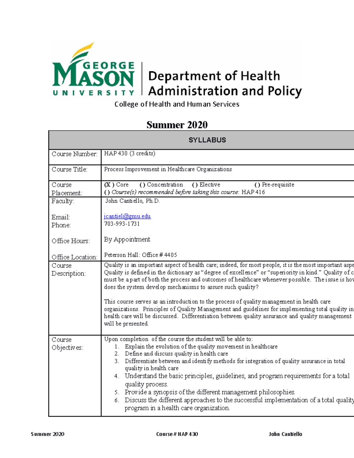 HAP 430 Syllabus - College of Health and Human Services Summer 2020 ...