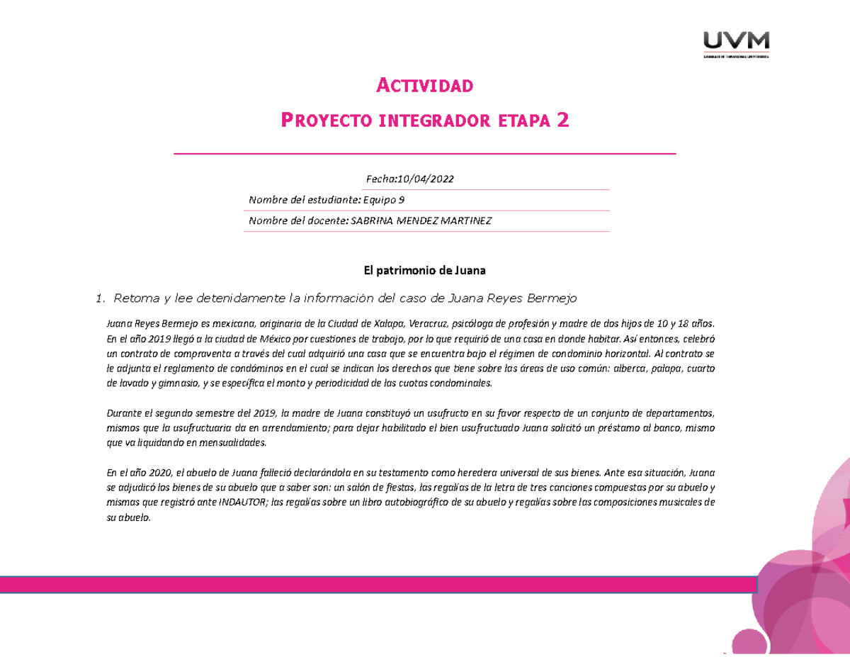 A6 bienes y derechos reales - ACTIVIDAD PROYECTO INTEGRADOR ETAPA 2 El patrimonio de Juana 1 ...