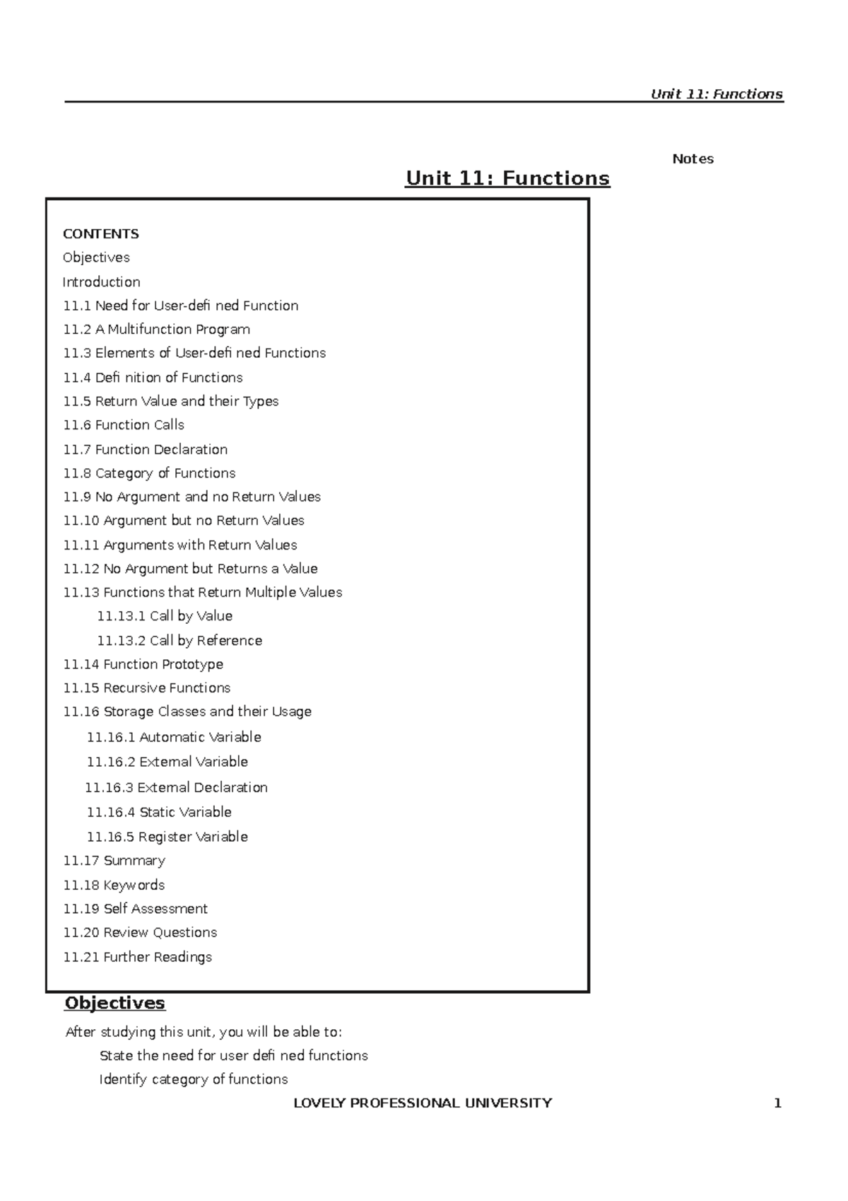 4 - notess for student - Notes Unit 11: Functions CONTENTS Objectives ...