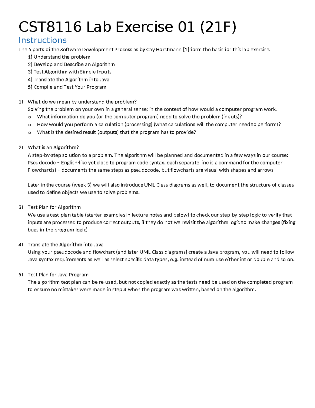 Exercise 01 (21F) - Software dev process - CST8116 Lab Exercise 01 (21F) Instructions The 5 ...