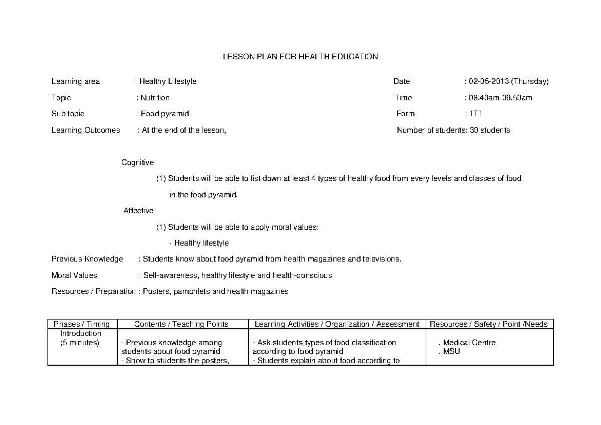 148816351 Lesson Plan for Health Education - LESSON PLAN FOR HEALTH ...