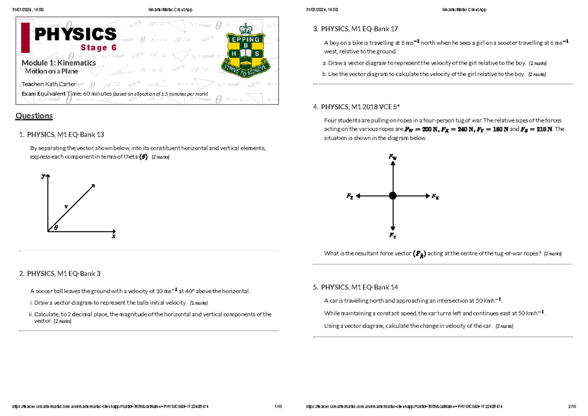 Preliminary Physics module 1-2 Practise Exam questions and solutions Motion on a Plane - 1 ...
