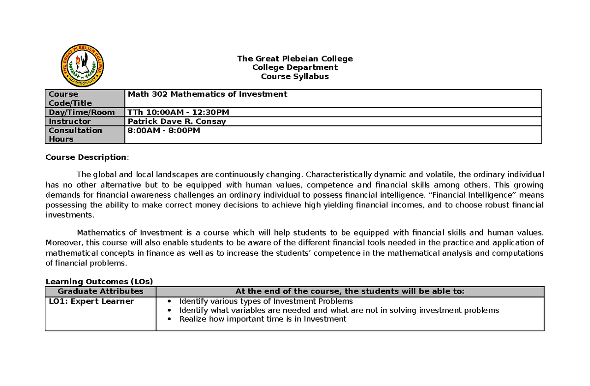 Math 302 Math Of Investment Syllabus The Great Plebeian College 