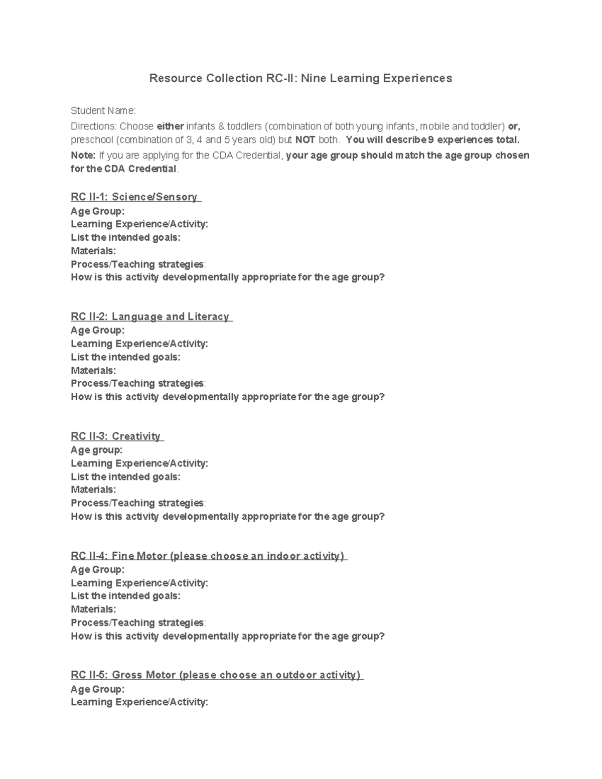 Resource Collection Nine Learning Experiences - Resource Collection RC ...