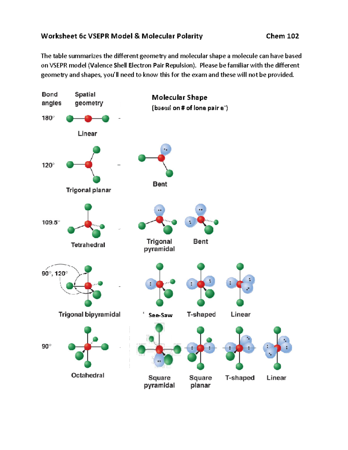 Worksheet 6c Vsepr Model - Worksheet 6c VSEPR Model & Molecular ...