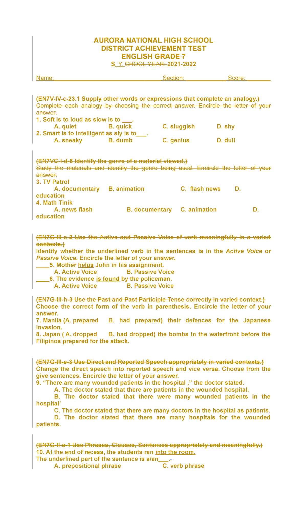 ENG7DAT-21-22 - District Achievement Test in Grade 7 English - AURORA ...