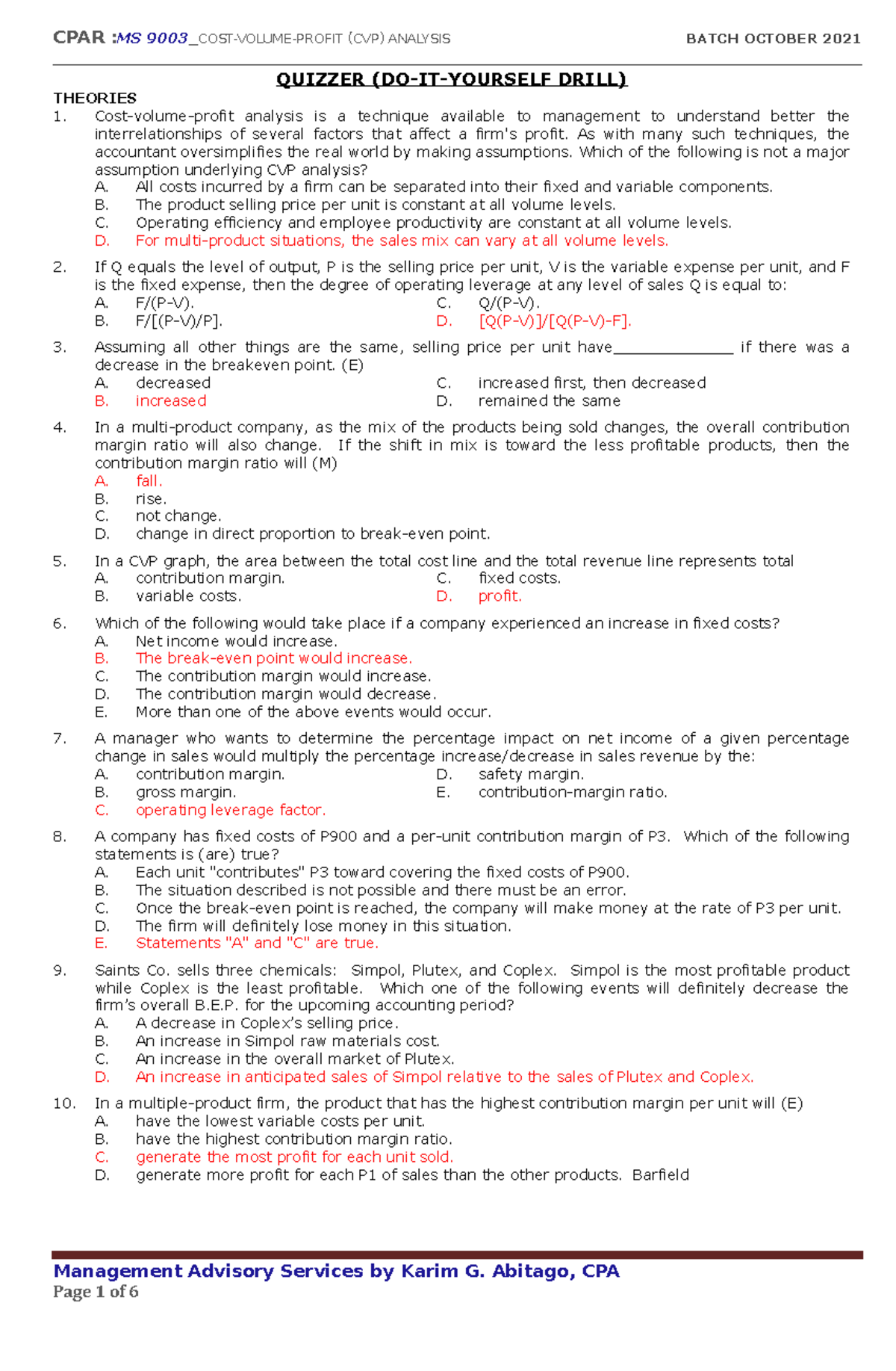 03-Self-Test - Self test - QUIZZER (DO-IT-YOURSELF DRILL) THEORIES Cost ...
