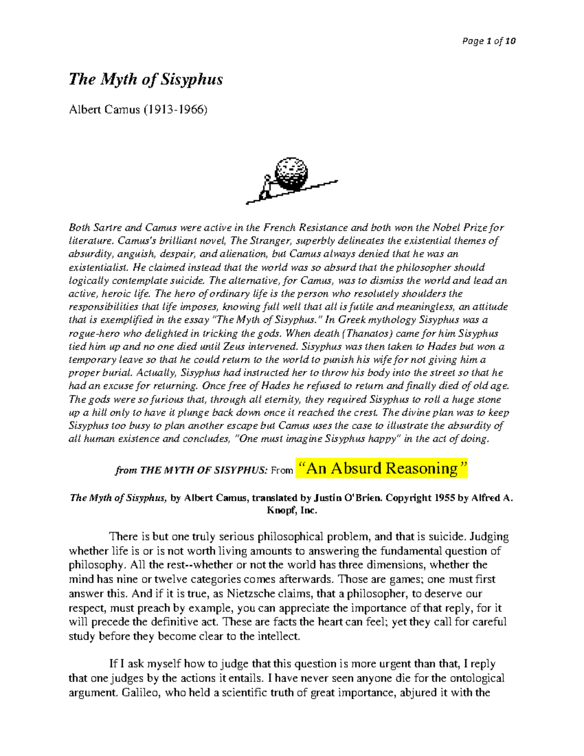 Sisyphus - Worksheet - The Myth of Sisyphus Albert Camus (1913-1966 ...