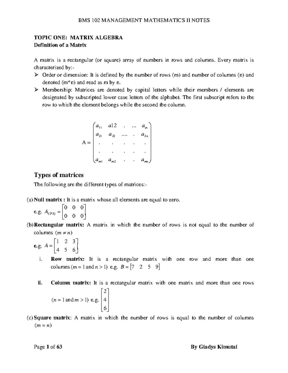 BMS 102 Management Mathematics II Notes - TOPIC ONE: MATRIX ALGEBRA ...