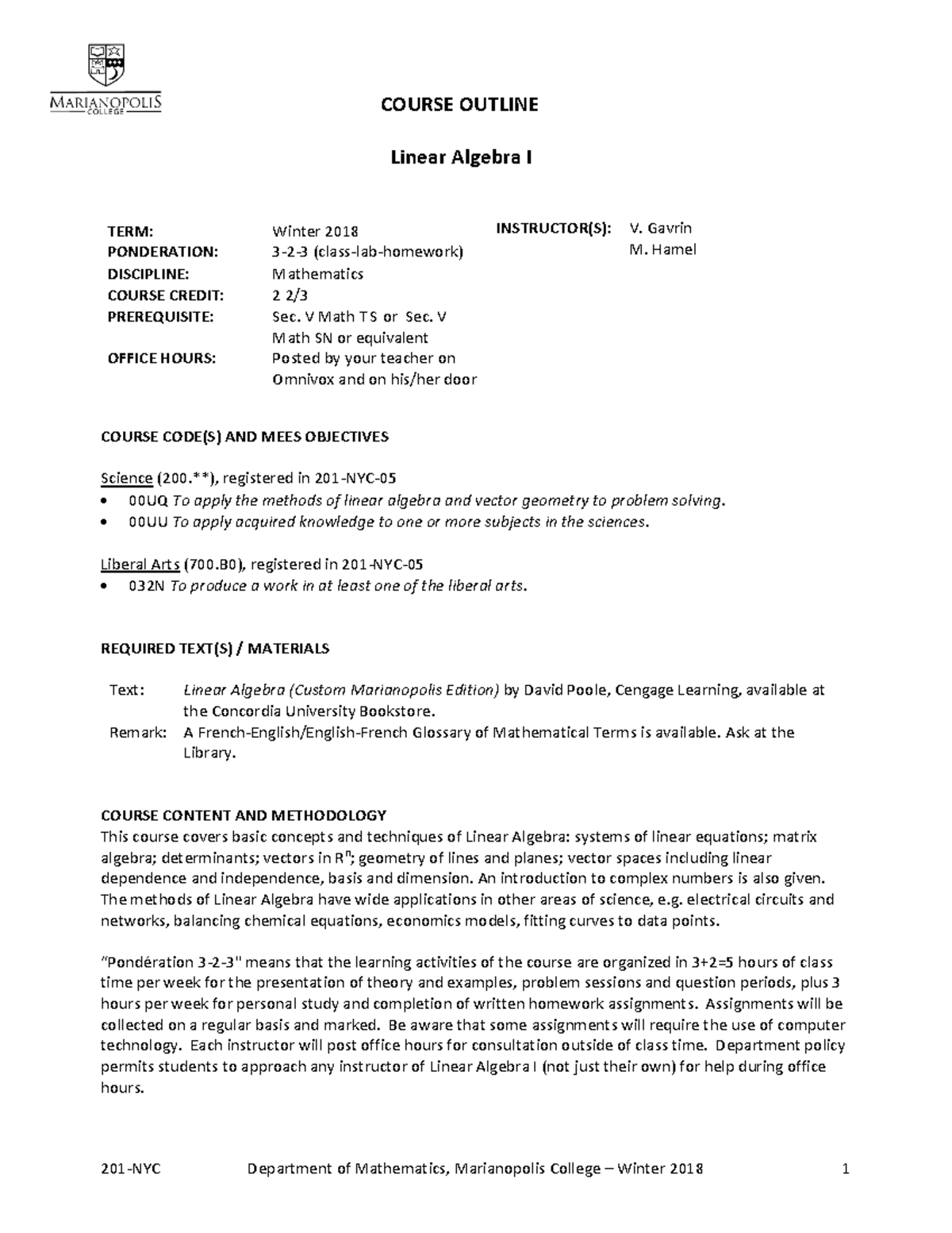 W18 201-NYC Linear Algebra I Science - COURSE OUTLINE Linear Algebra I ...