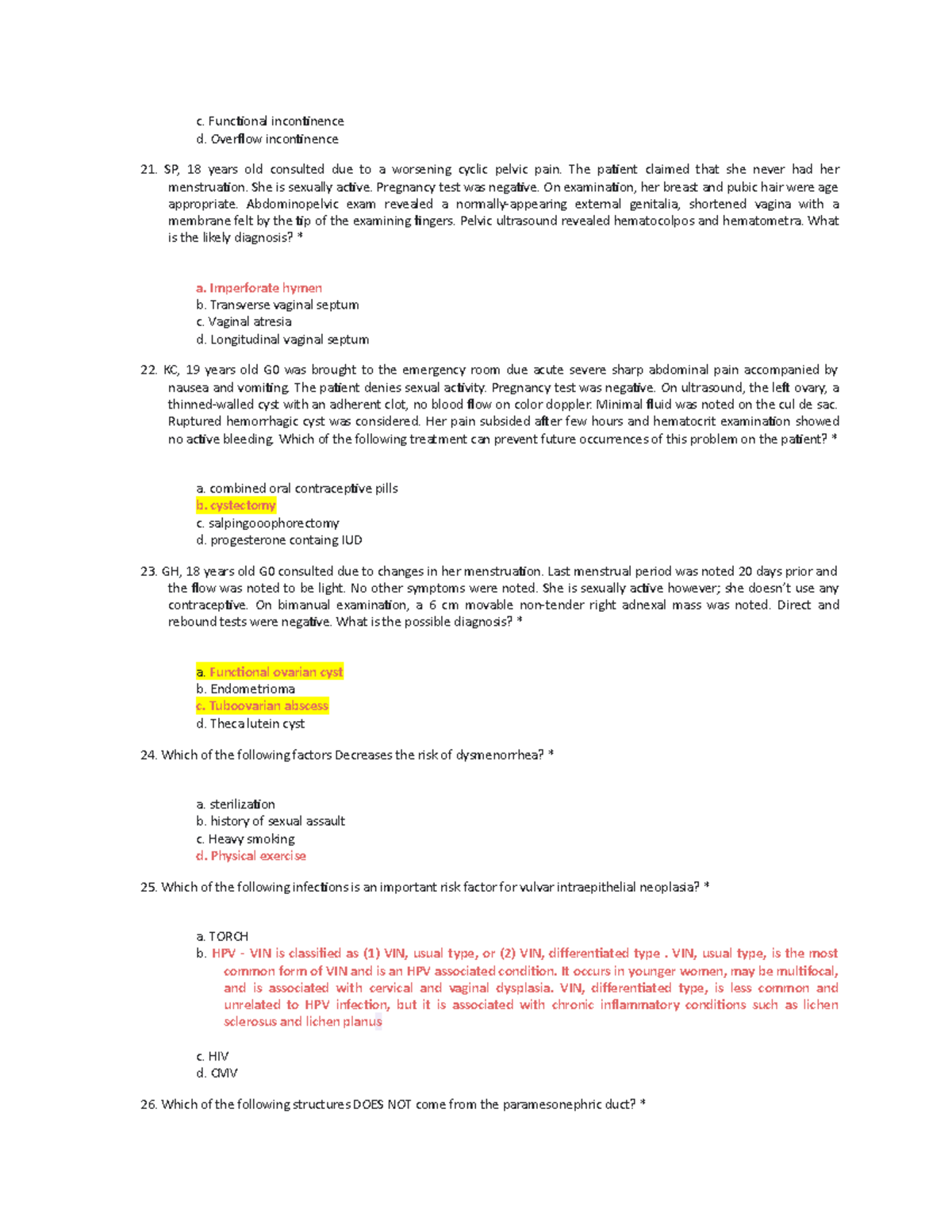 Pediatrics Diagnosis EXAM part 3 - c. Functional incontinence d ...