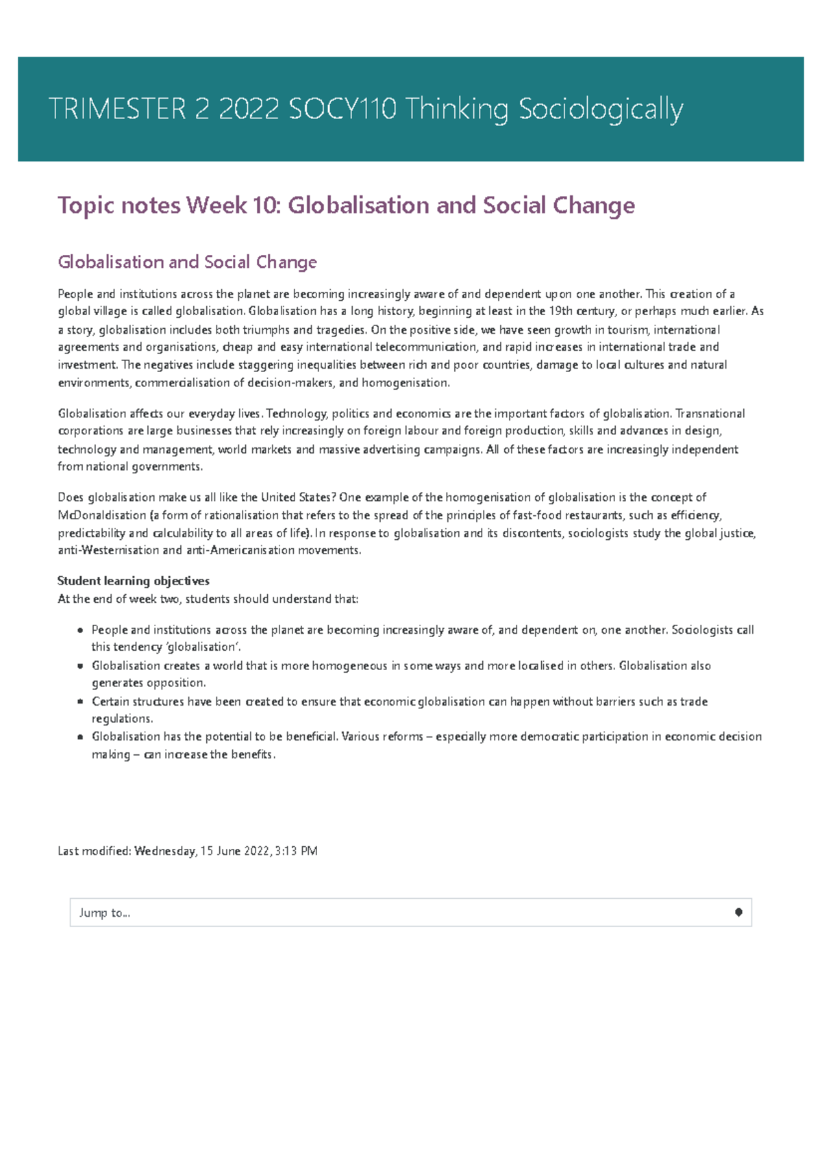 2022 Trimester 2 SOCY110 Topic notes Week 10 Globalisation and Social ...