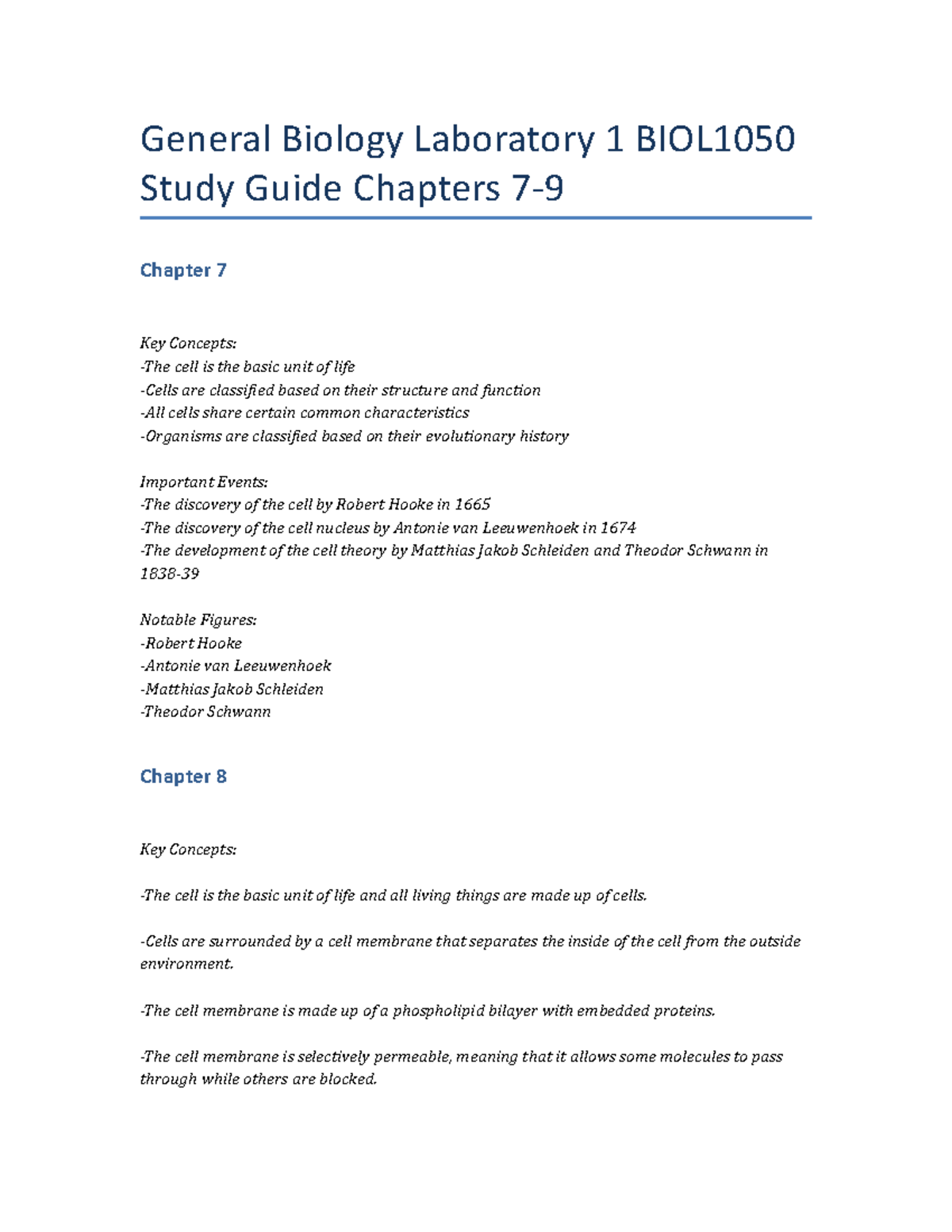 General Biology Laboratory 1 BIOL1050 Study Guide Chapters 7-9 - General Biology Laboratory 1 ...