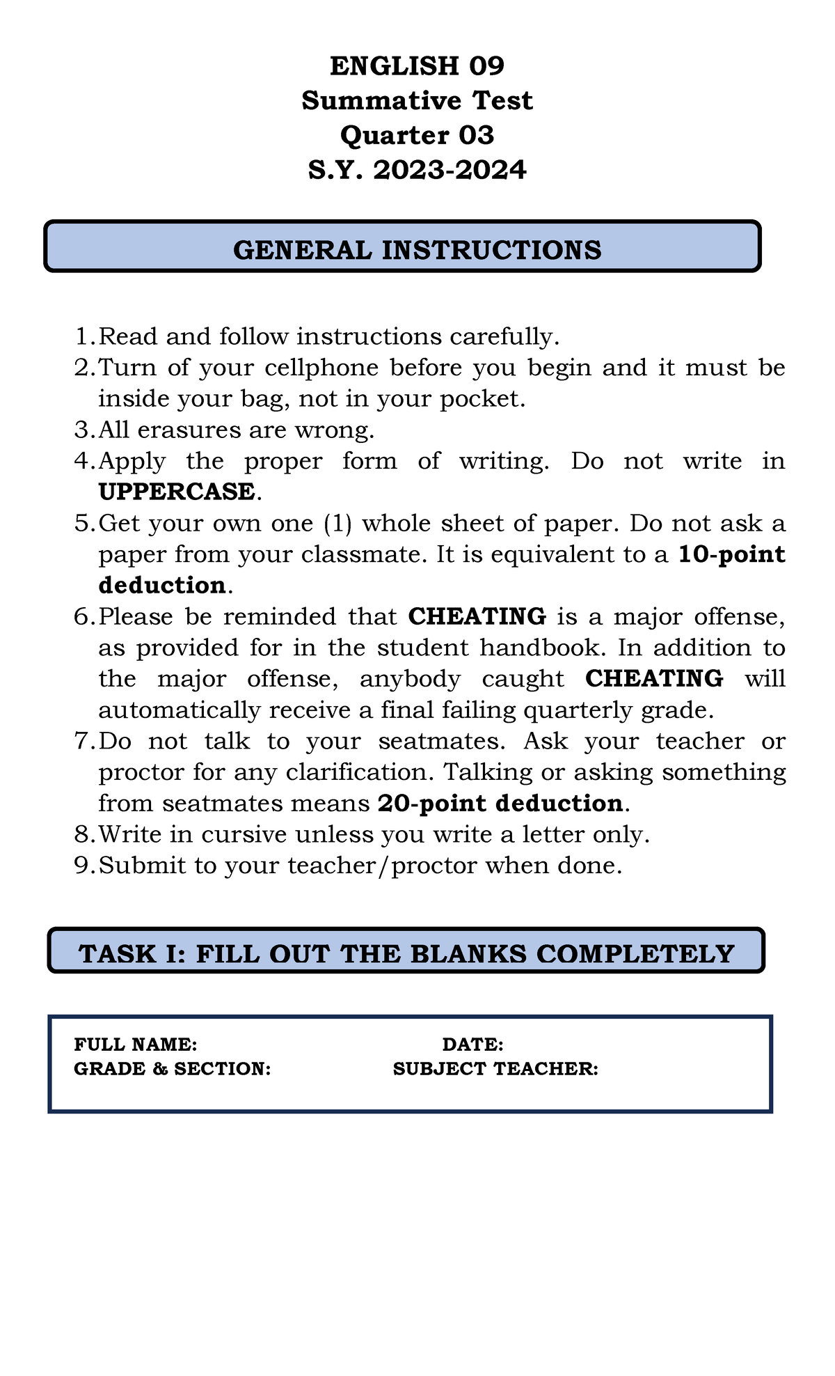 03-22-2024 'Grade 9 Summative Test in English' - TASK I: FILL OUT THE ...